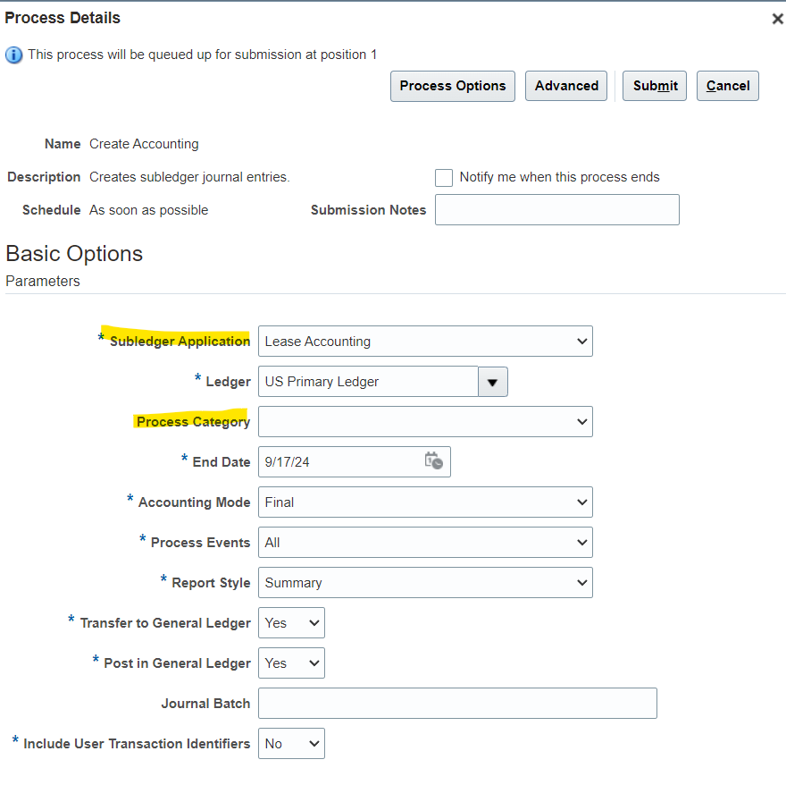 Query to get the Subledger Application name, Process category names and ids — Cloud Customer Connect