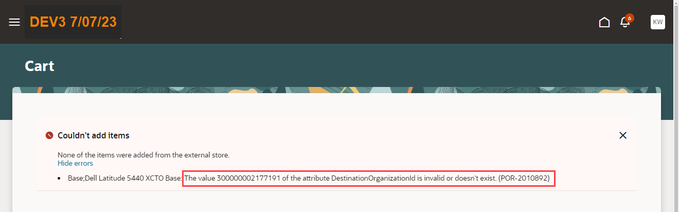 Error Adding Item to Cart - Error POR-2010892 — Cloud Customer Connect