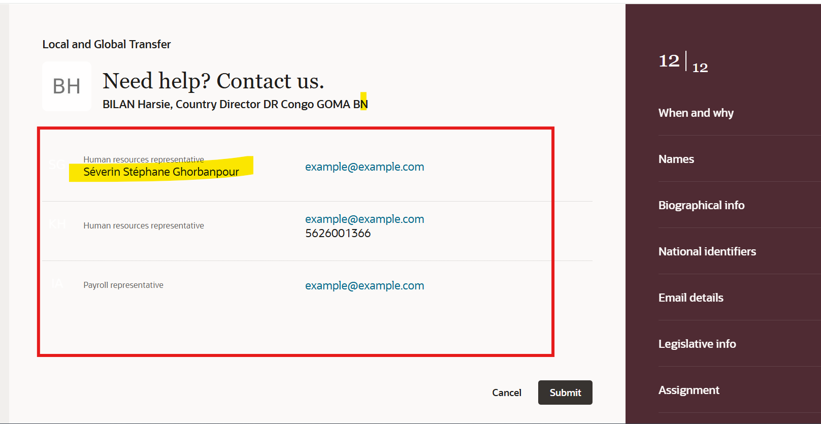 HRs in the Need help? Contact Us section is not showing their names ...