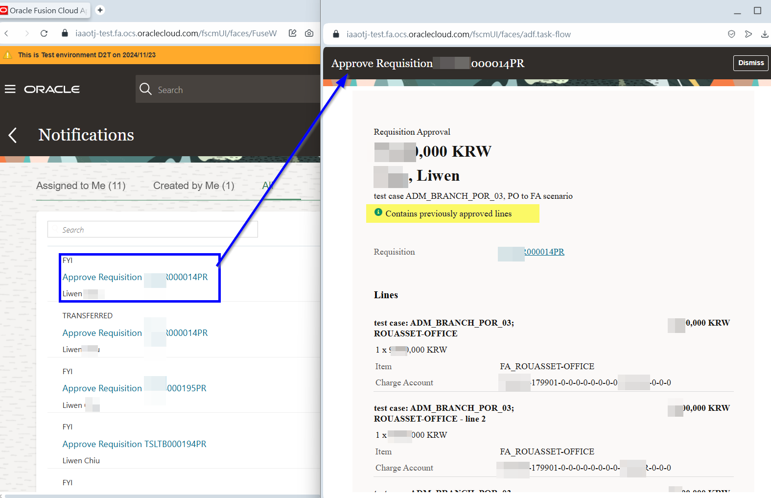 In FYI notification, what does "Contains previously approved lines ...
