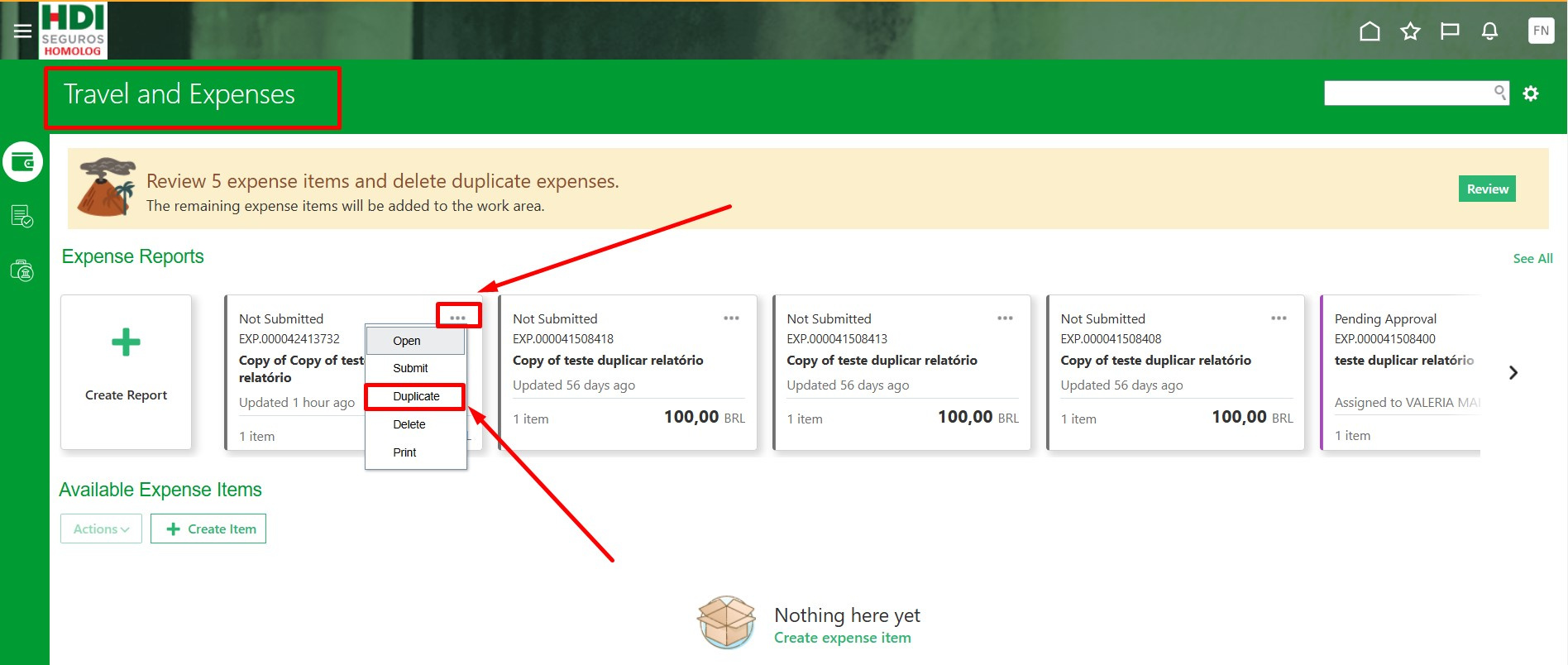 How to disable the duplicate option in expenses report. — Cloud Customer Connect