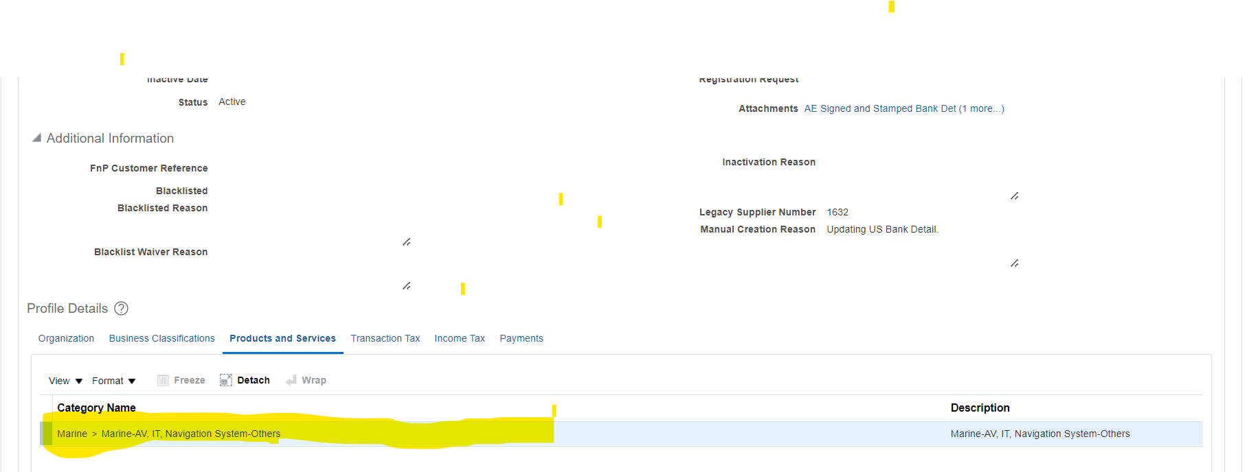 Query to get supplier category name under products and services tab in fusion — Cloud Customer ...