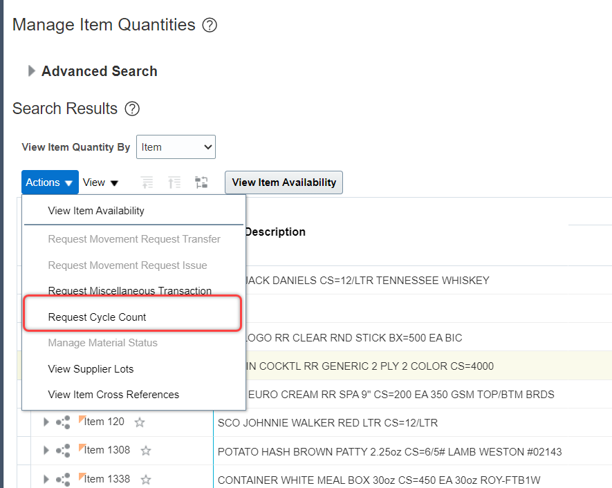 Request Cycle Count Function — Cloud Customer Connect