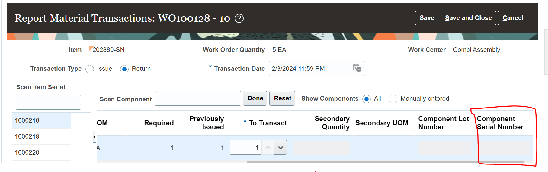 'You must provide the material serial number' error in Report Material ...