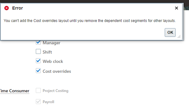 How can I include dependent time card fields to web clock in conjunction with Cost Overrides ...