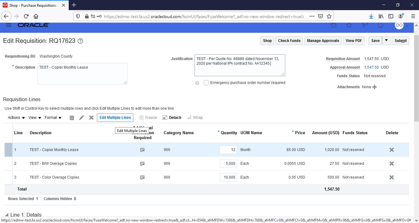 Edit Multiple Lines button on Requisition — Cloud Customer Connect