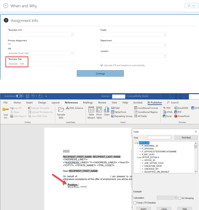 What field will display the Business Title on the offer letter? — Cloud ...