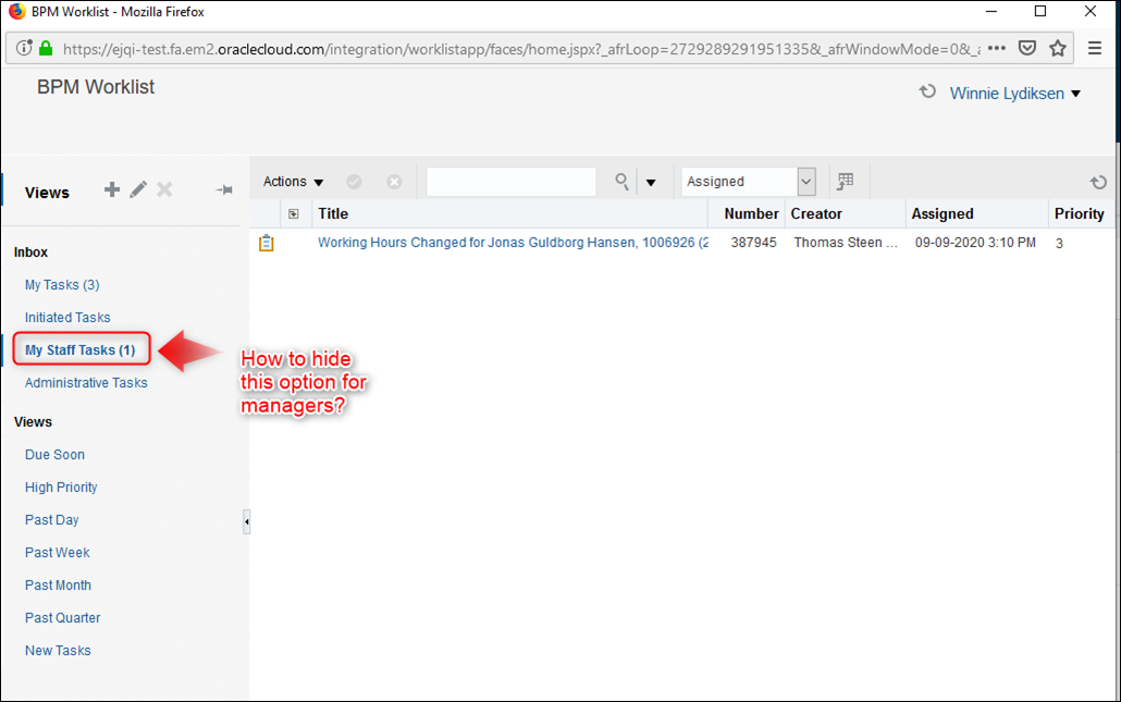 Hide "My Staff Tasks" - BPM Worklist — Cloud Customer Connect