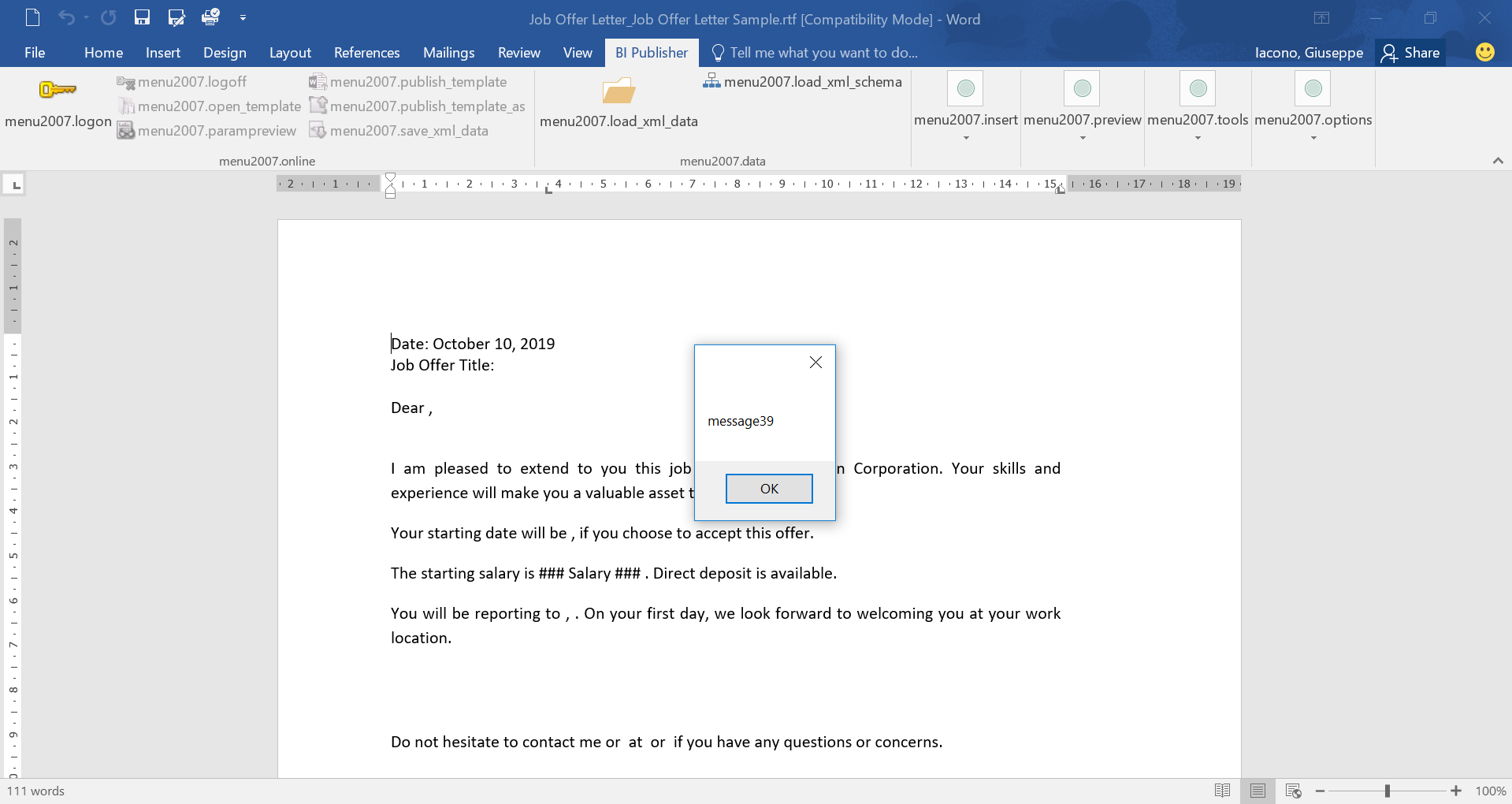 Add Tokens in the Job Offer Letter Template File — Cloud Customer Connect