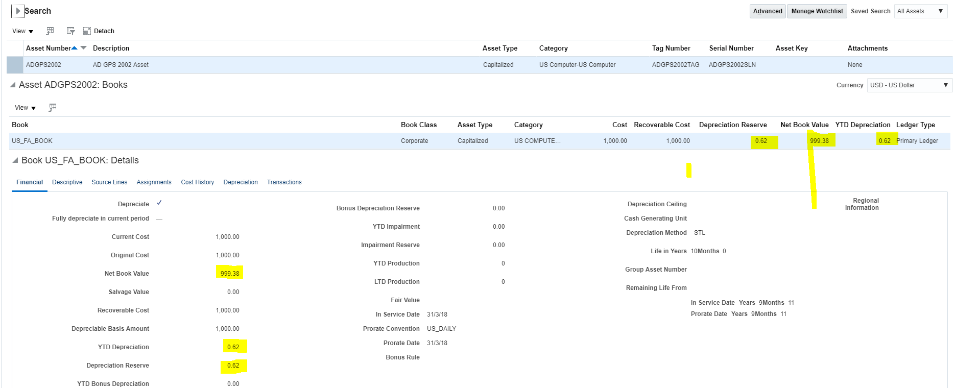 YTD Depreciation, Depreciation Reserve and Net Book Value fields ...