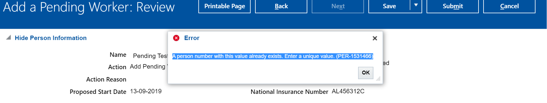 Duplicate person number or person record error while adding a pending worker — Cloud Customer ...