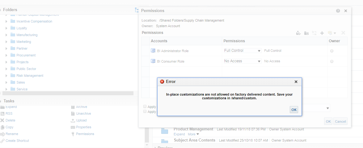 Error while restricting employee role to access OTBI folders — Cloud Customer Connect