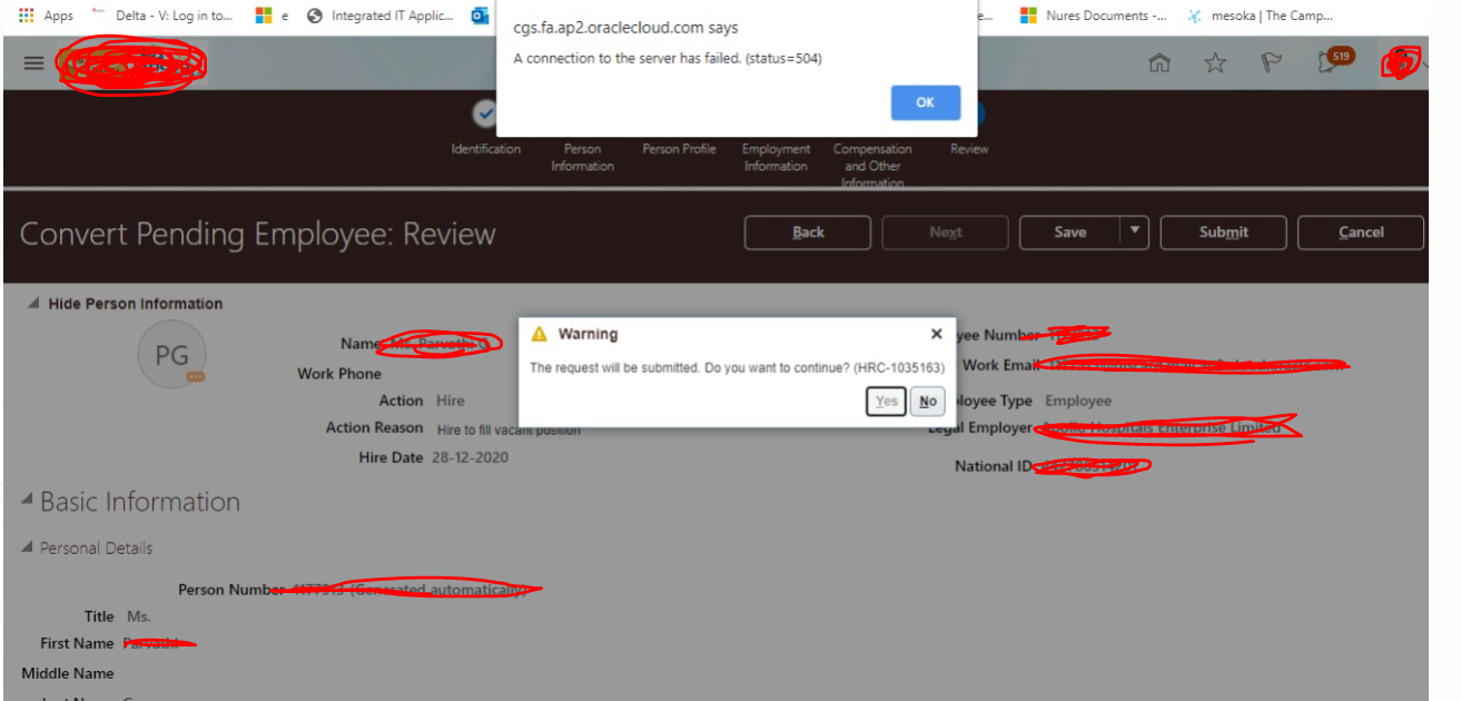 We are getting A connection to the server has failed. (status=504) error in the Browser while ...