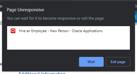 Page goes unresponsive while Hiring a new employee — Cloud Customer Connect