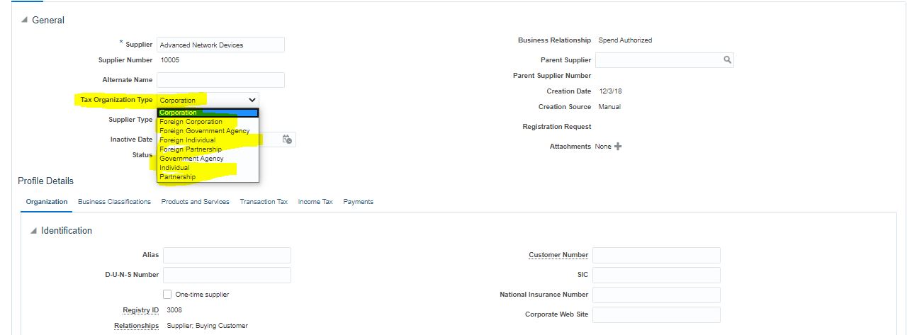 Supplier Master Tax Organization Type Use — Cloud Customer Connect