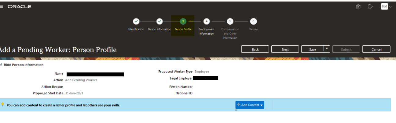 How to hide 'Person Profile' Tab while adding a new pending worker? — Cloud Customer Connect