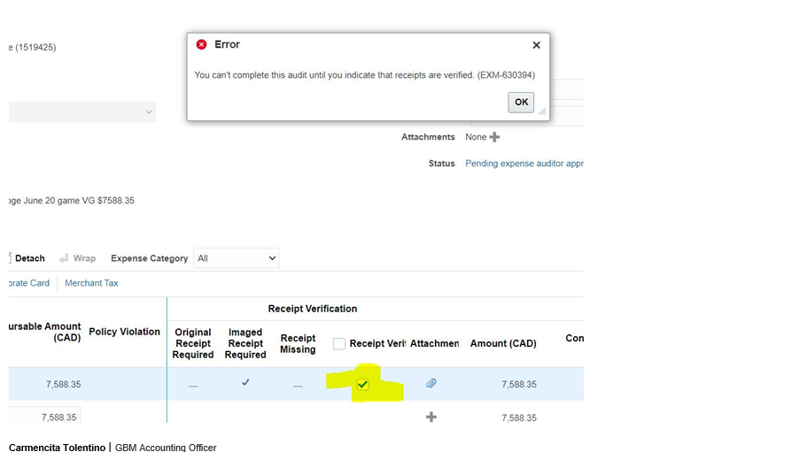When Auditing expense Report Receiving Error Regarding Receipt ...