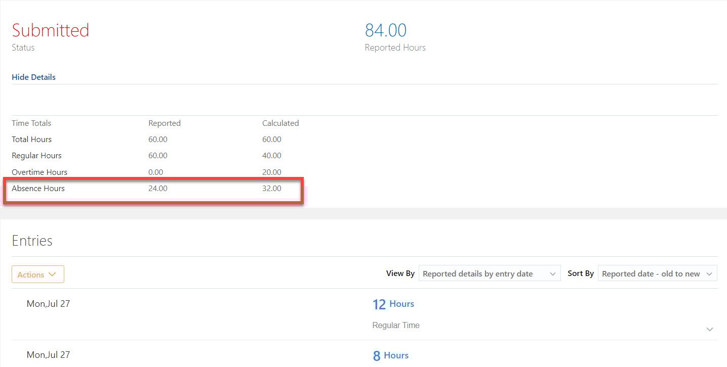 Incorrect Reported And Calculated Absence Hours In Time Card — Cloud Customer Connect