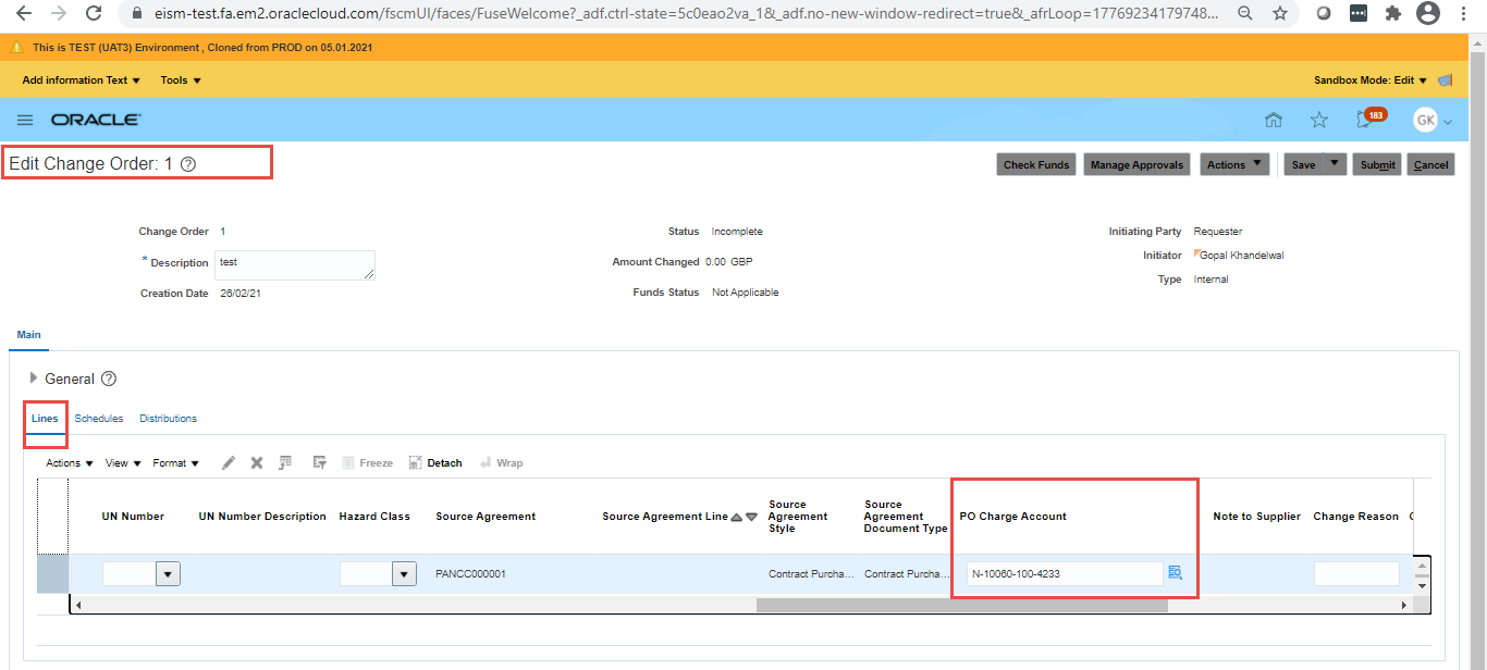 Is there a way to make charge account field un editable for Change orders but editable for ...