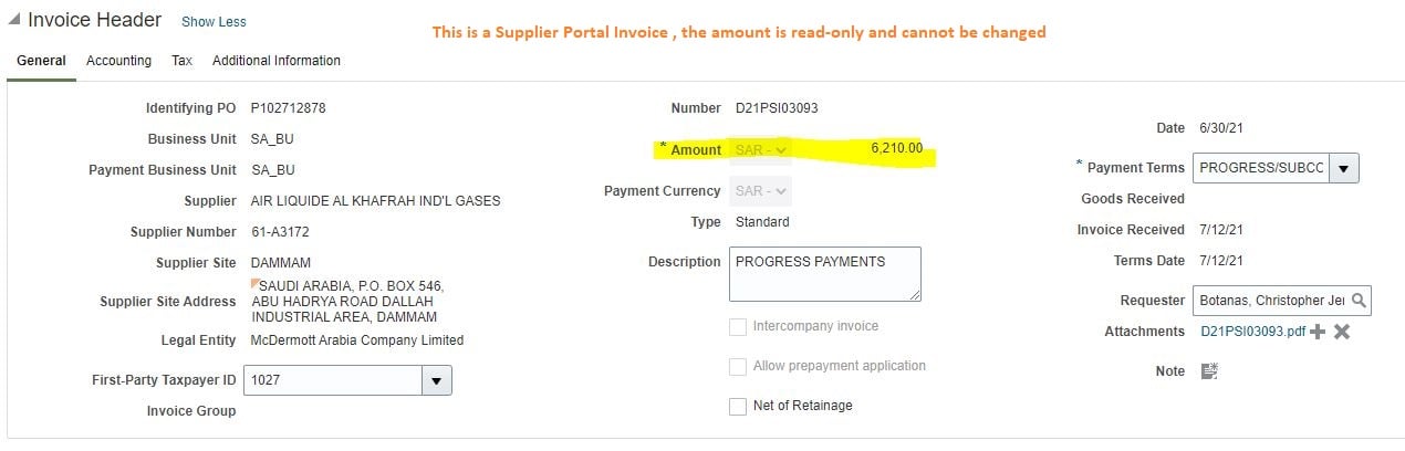 Cannot Edit Header Amount of the Invoices Submitted from Supplier Portal — Cloud Customer Connect