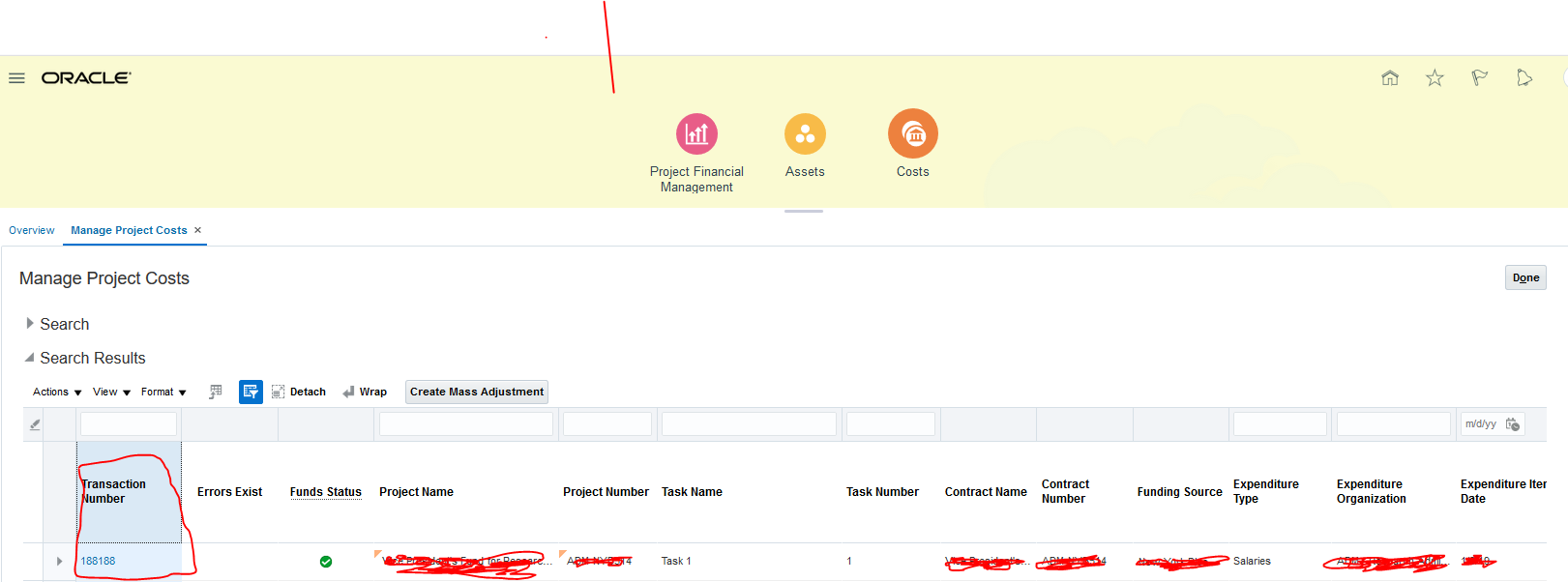 Which table stores 'Transaction Number' in Project Costs — Cloud ...