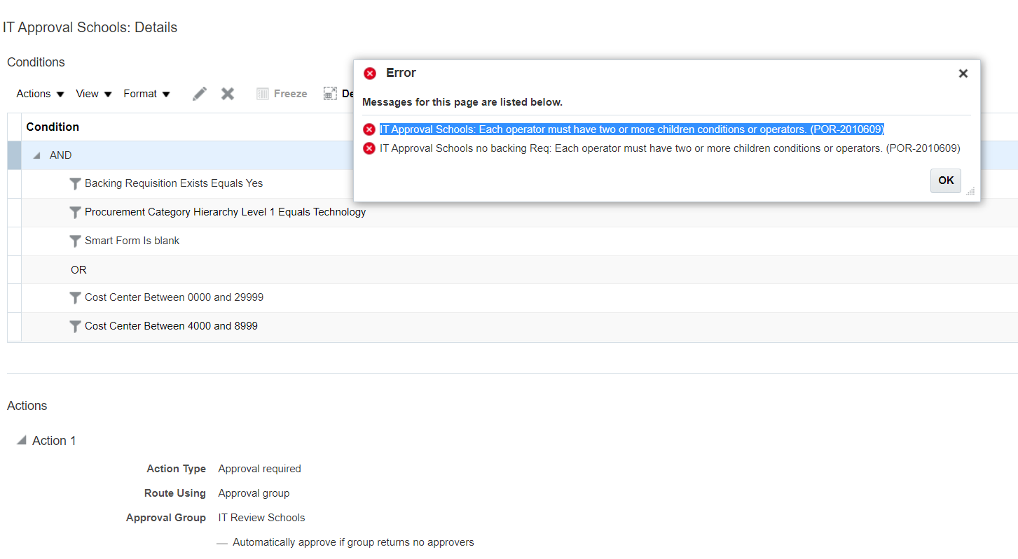 Getting this error on workflow rule : Each operator must have two or more children conditions or ...