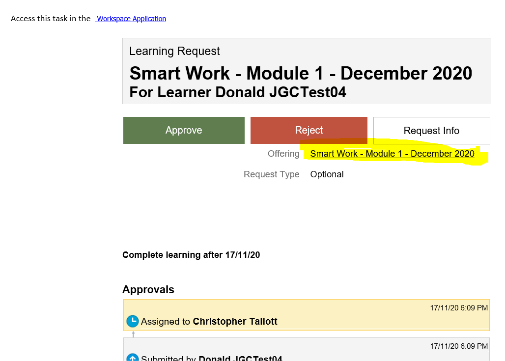 Learning request email notification has offering link which does not ...