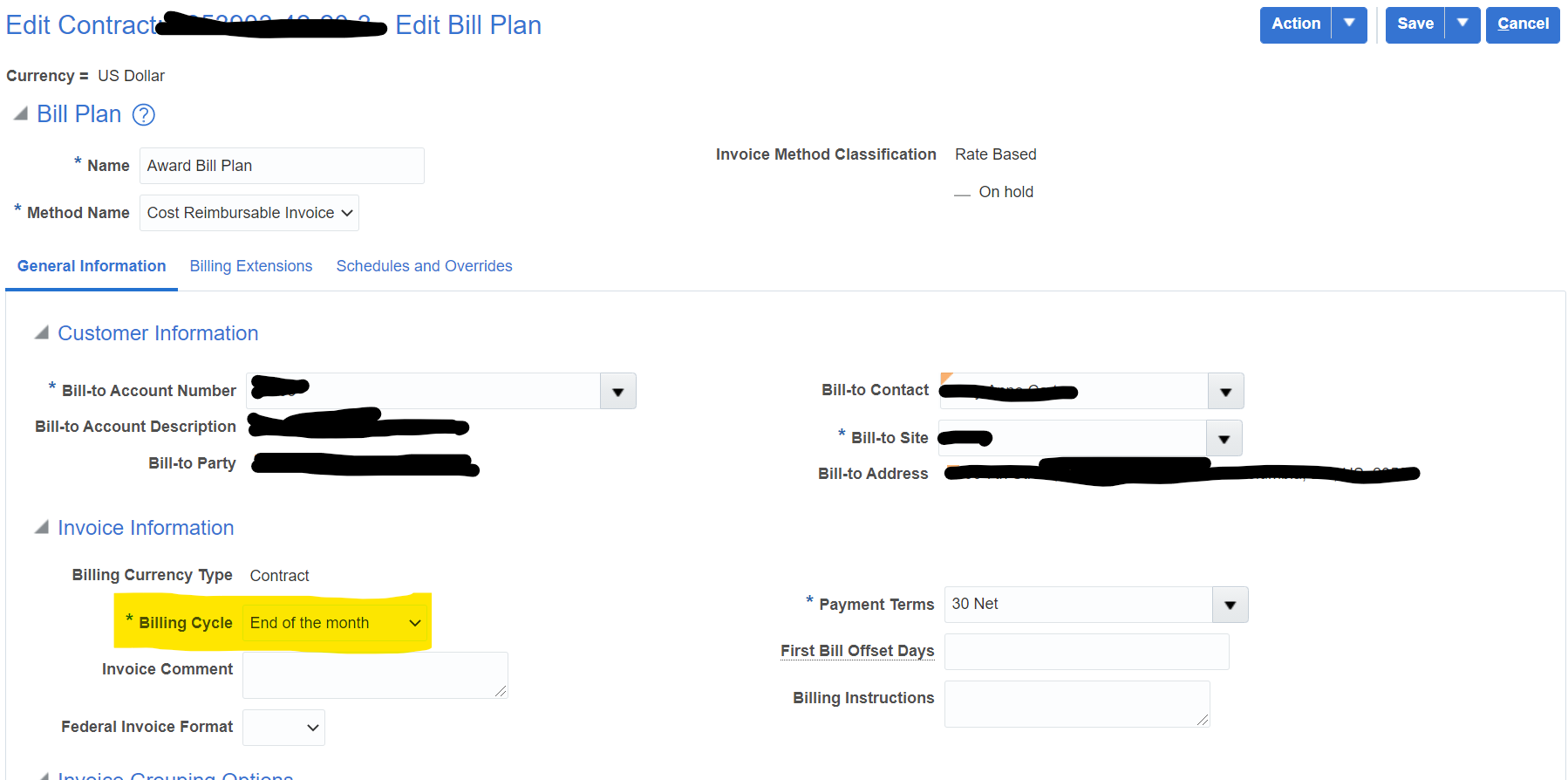 Contract Billing Cycle for Generating Invoices — Cloud Customer Connect