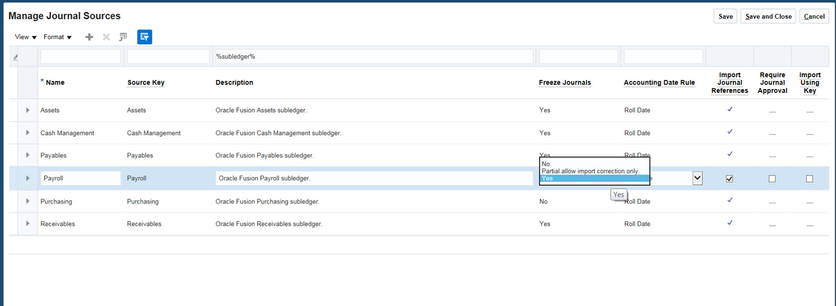 Manage Journal Sources - Freeze Journals — Cloud Customer Connect