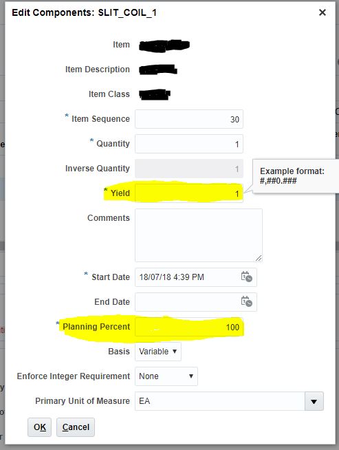 Item Structure Yield and Planning Percent — Cloud Customer Connect