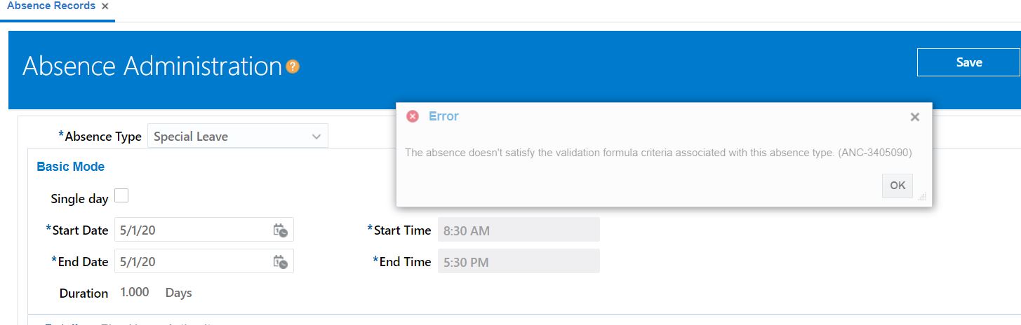 How to resolve " The absence doesn't satisfy the validation formula criteria associated with ...