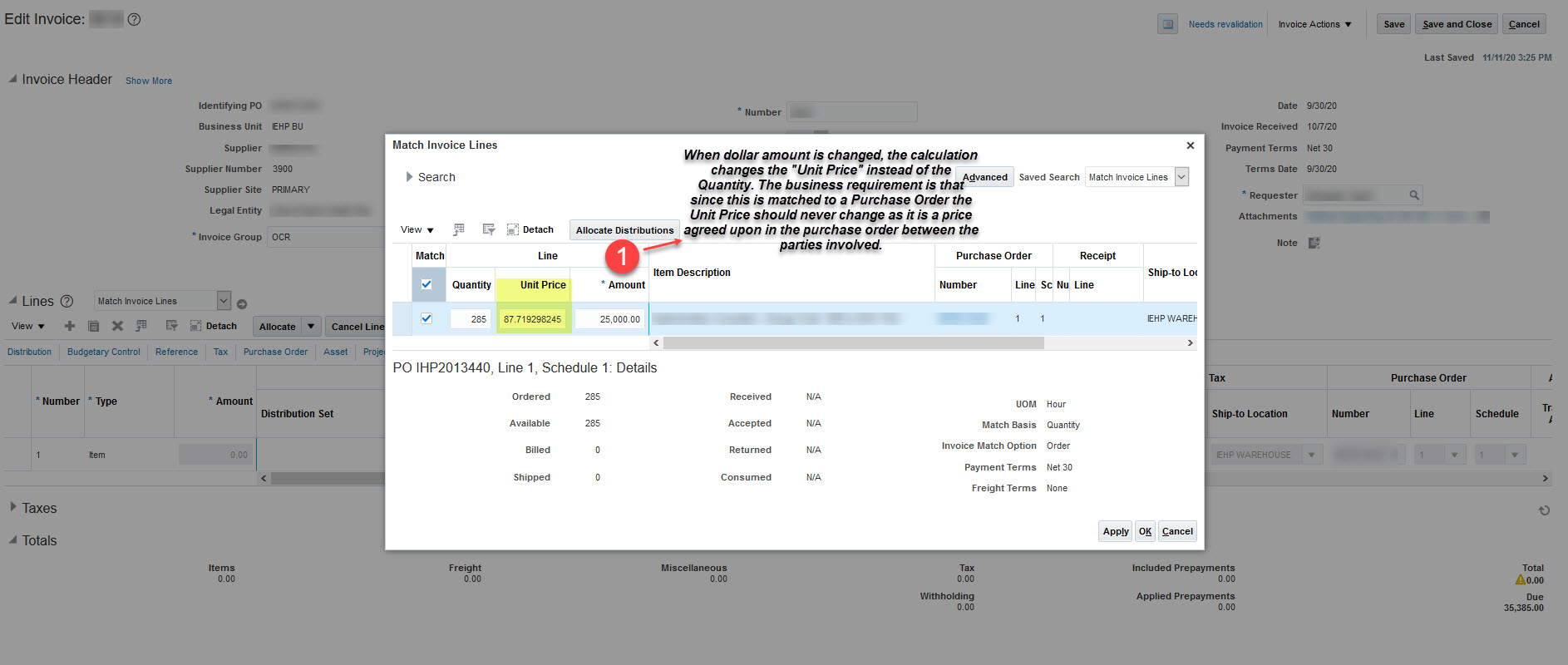 Calculation on "Match Invoice Lines" pop-up changes Unit Price if ...