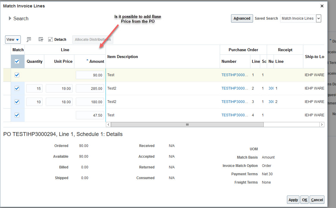 Ability to add the Purchase Order Base price to Invoice Match Screen ...