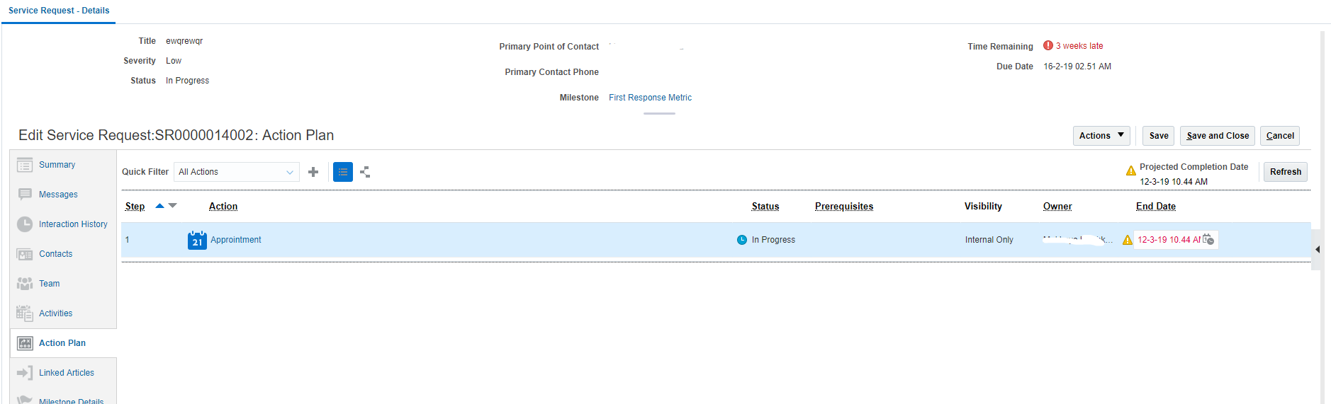 HRHD: Action Plan Action with type Appointment remains in progress ...