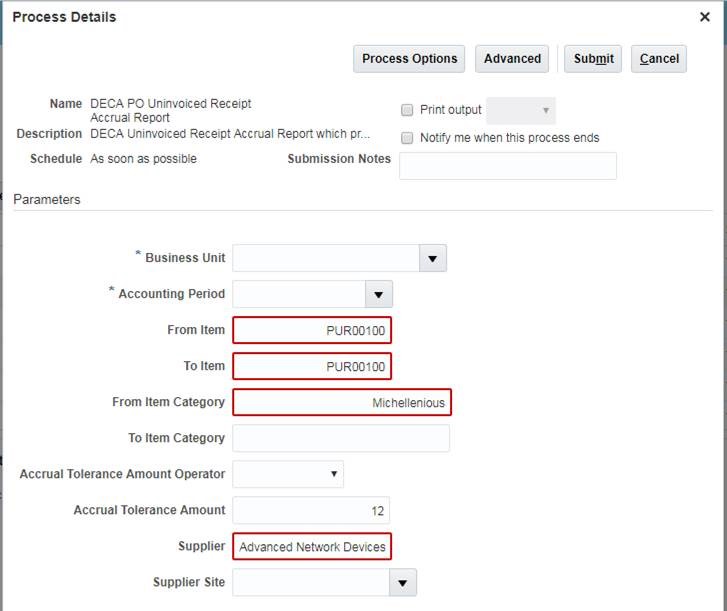 Oracle cloud duplicating ESS job "Uninvoiced Receipt Accrual Report" the parameters are not ...