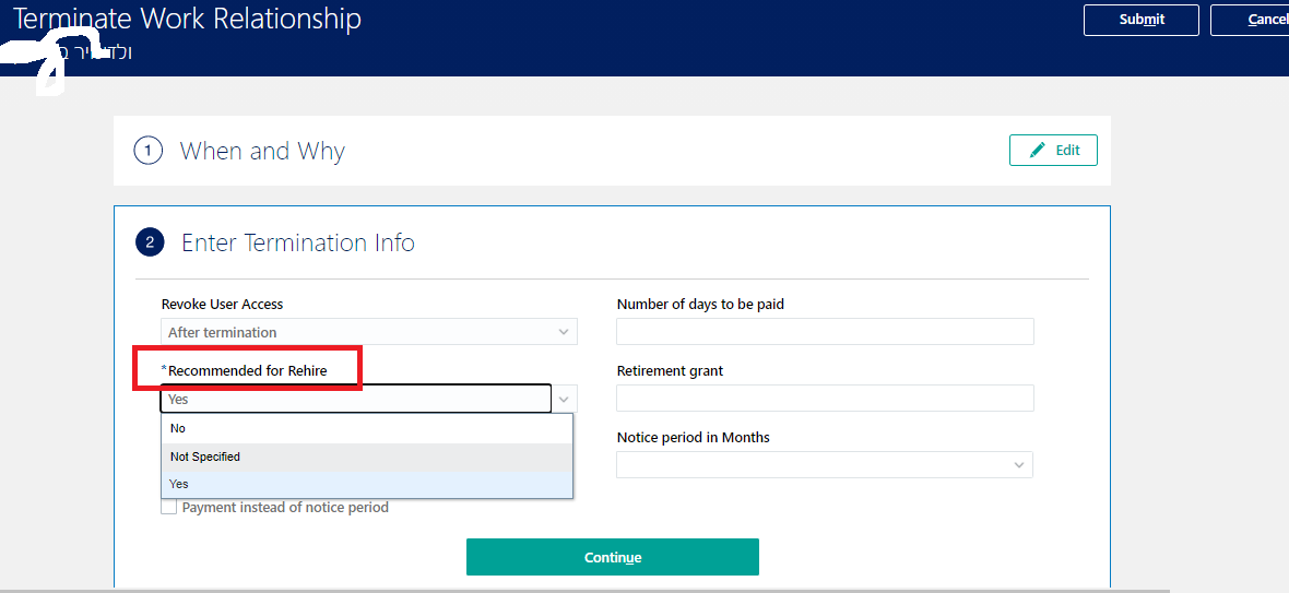 termination field recommended for rehire can we add a new value to the list? — Cloud Customer ...