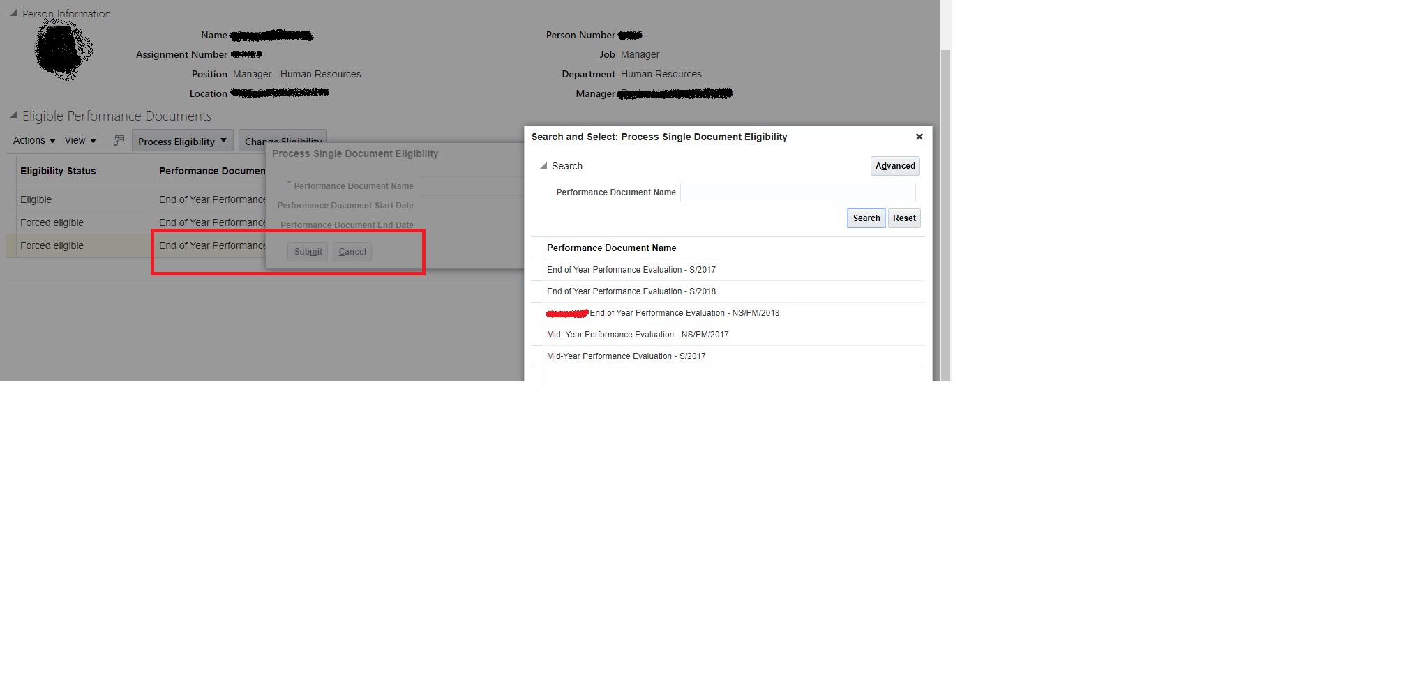 Performance document not visible in drop down when processing Single Document eligibility ...