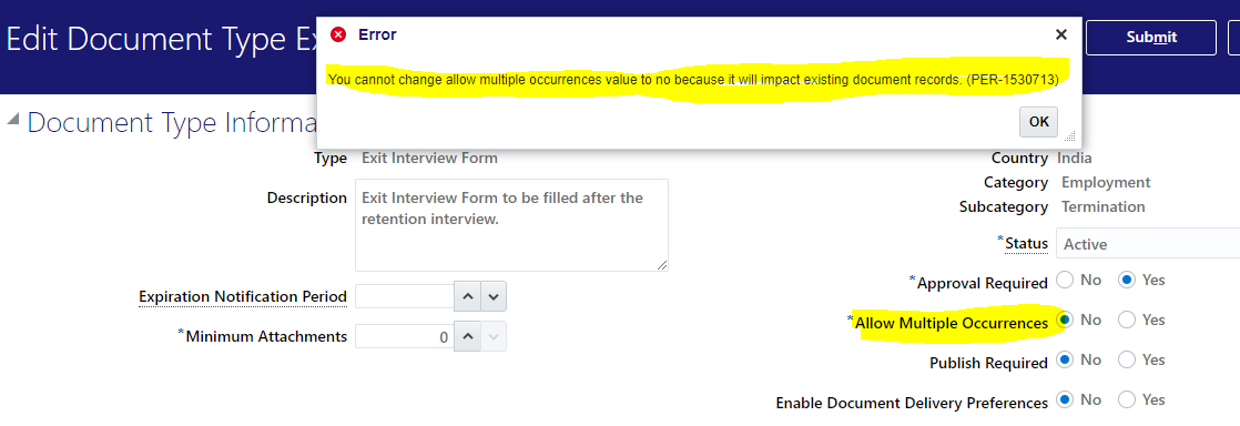 Manage Document Types - Allow Multiple Occurrences option from Y to N ...