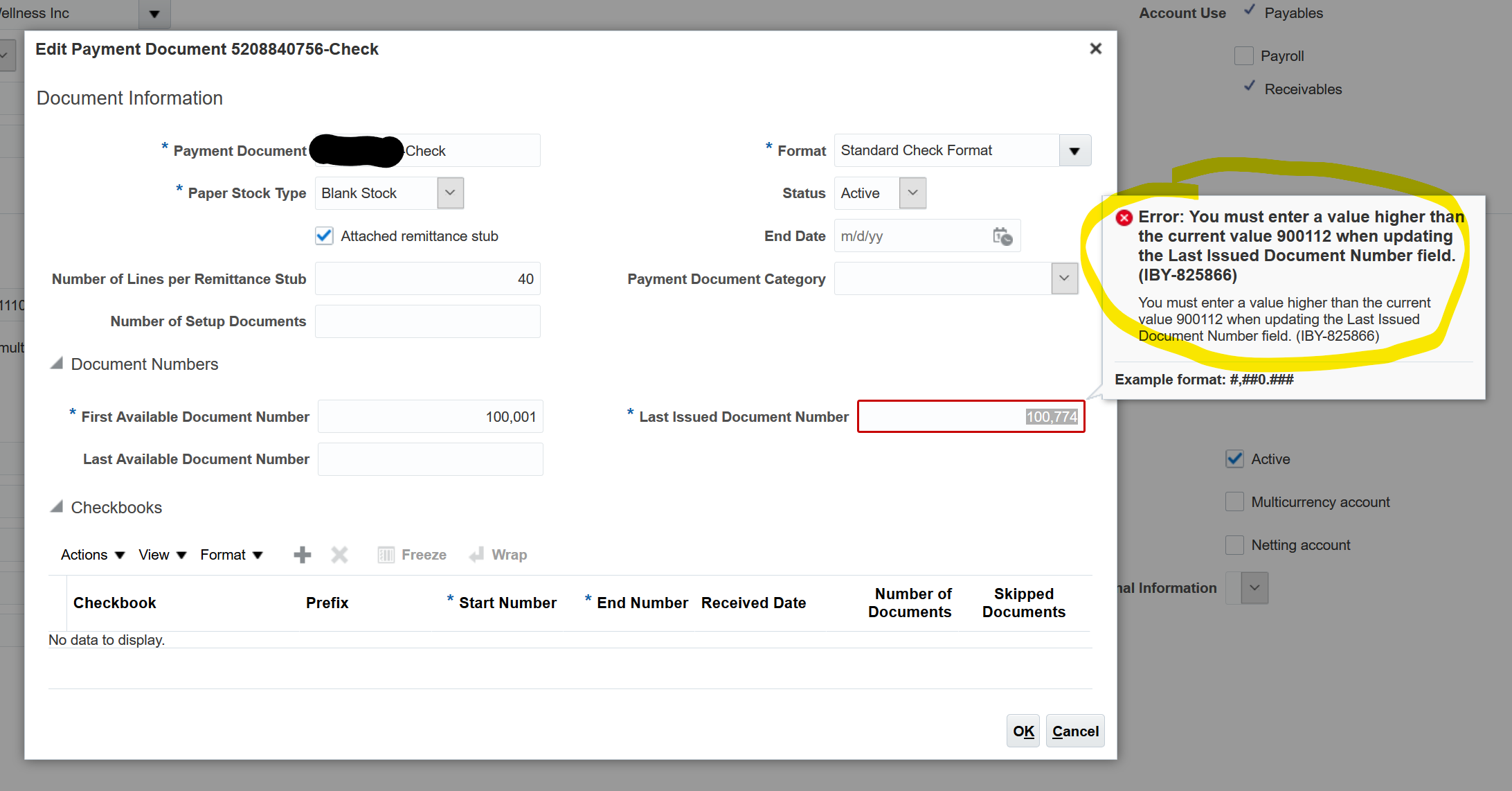 Changing Last Issued Document Number - new Error — Cloud Customer Connect