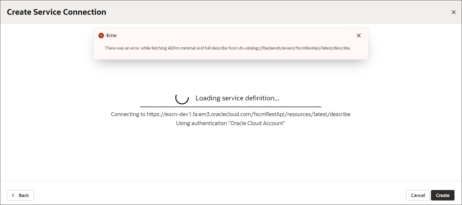Not able to connect to Fusion SaaS application via service catalog option — Cloud Customer Connect