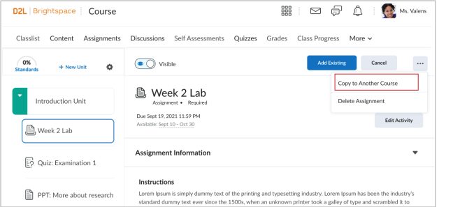 Copy assignments to other courses - Brightspace