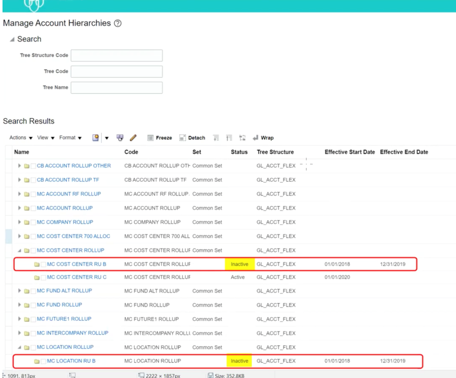 Inactive records in GL Account Hirearchy not filtering by status — Oracle