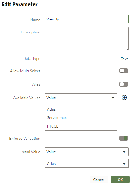 How To Switch Binding To Different Parameters In Filter Bar — Oracle