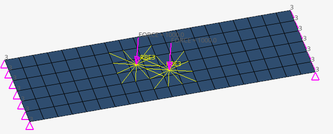剛体要素 RBE2 で複数荷重を掛けたくても、重複ができなかったり、広い範囲に作ると固くなりすぎる問題は、RBE3 を使うことで解決できます ...