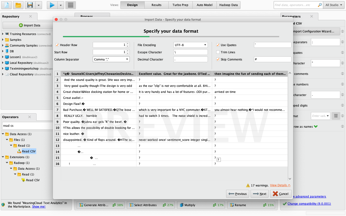"Question regarding text mining tutorial: problems with reading .txt file" — Altair Community