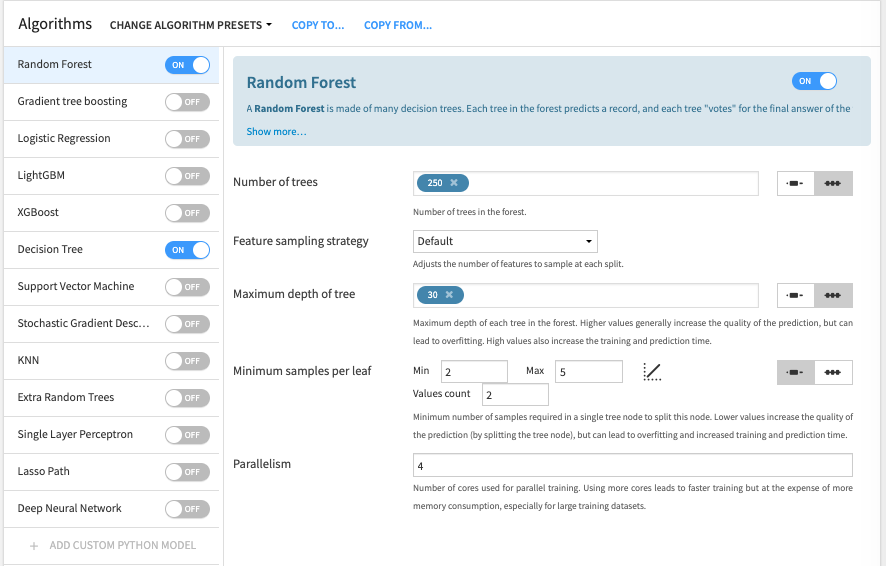 Decision Tree and Random Forest Model Settings and Optimization ...