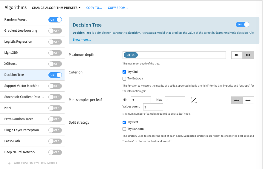 Decision Tree and Random Forest Model Settings and Optimization ...