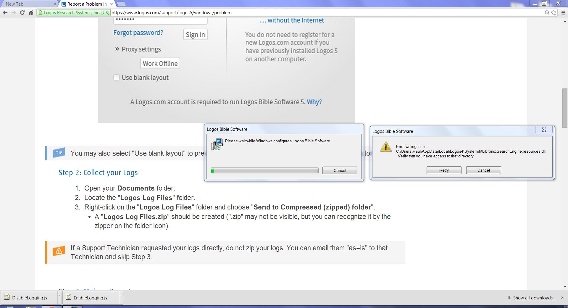 Long time error message: unable to download Logos resources or upgrades ...