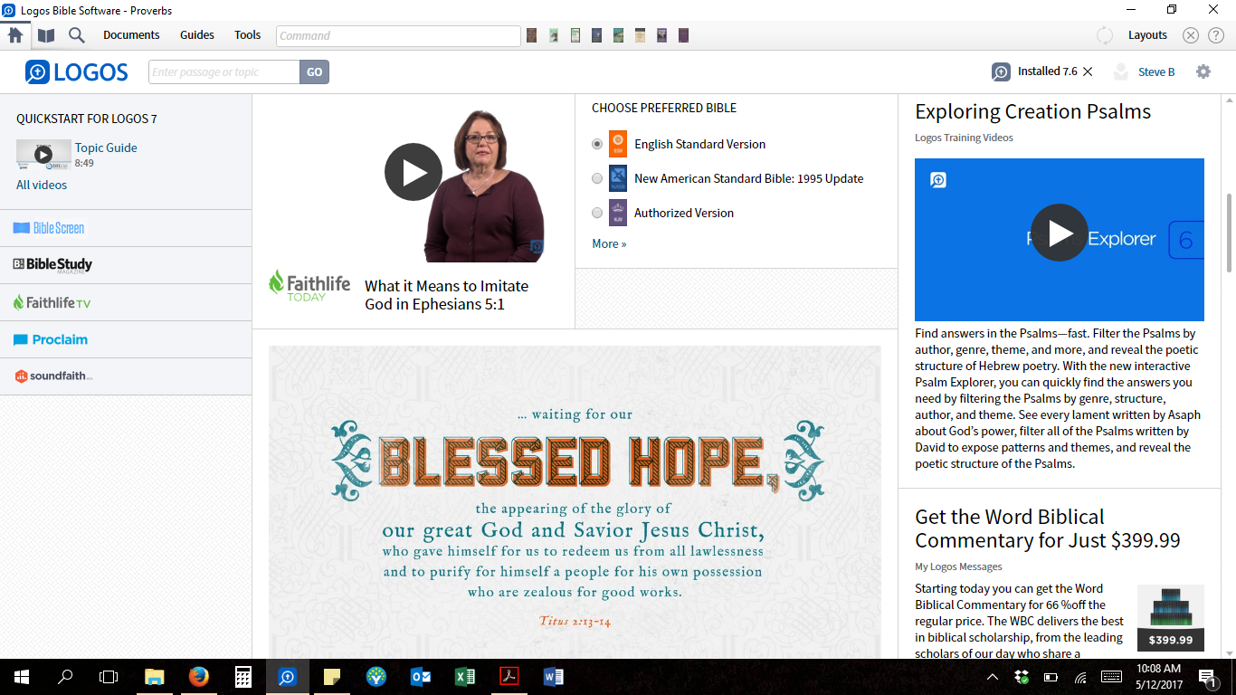 When I open my Bible software it opens with the title of "Logos Bible ...
