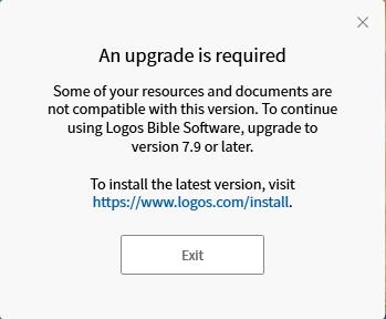 Bug: Upgrade Required to v7.9 - Logos Community